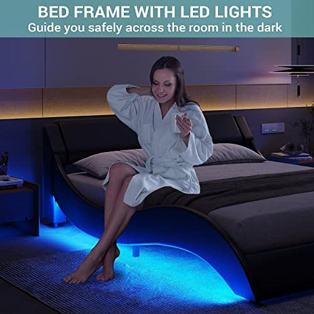 Queen Modern Upholstered Platform Bed Frame Wave-Like Curve Led Bed Frame with Headboard Low Profile Bed Frame with Smart RGB LED Lights,Faux Leather,Easy Assemble,Strong Wood Slats Support,Black