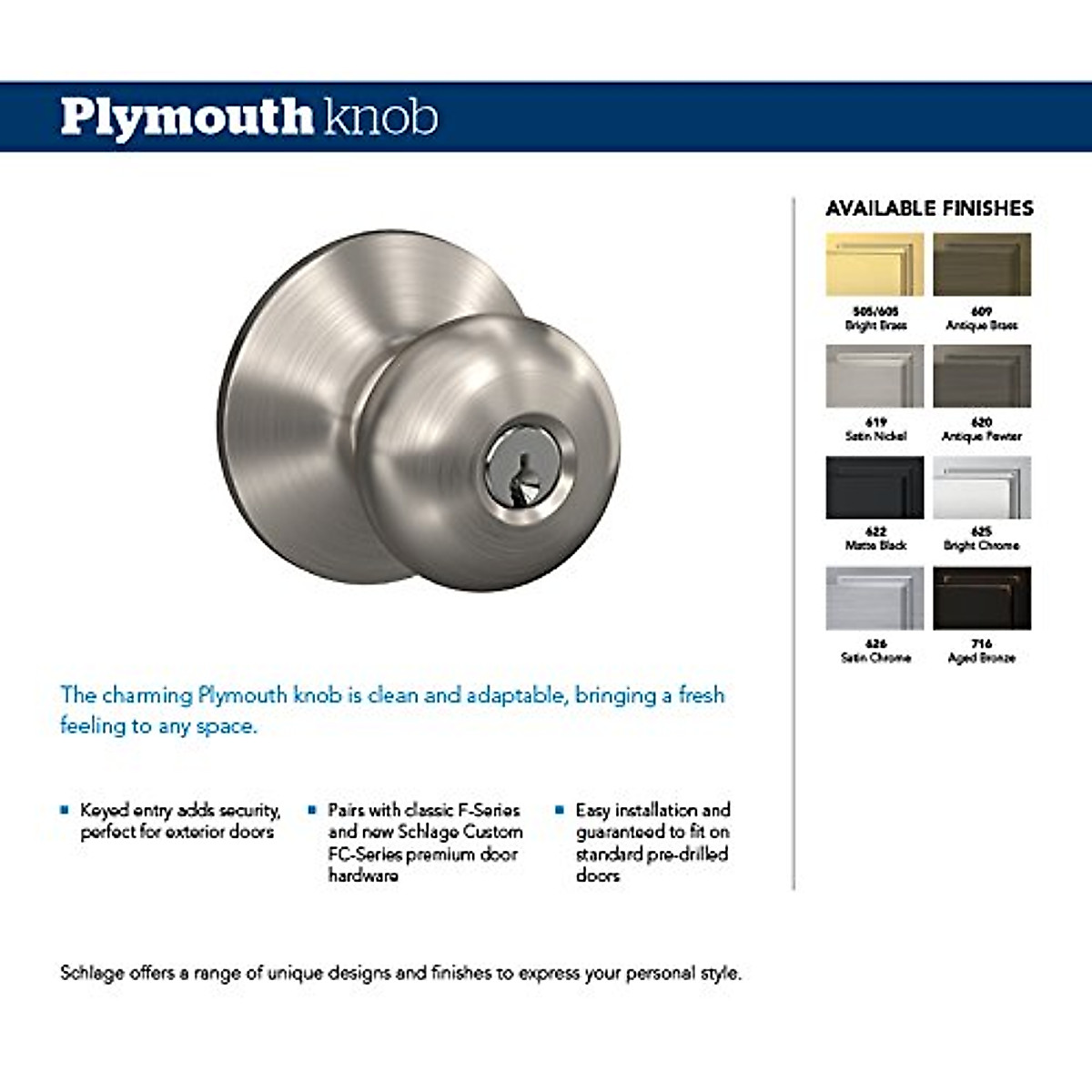 SCHLAGE F51A PLY 622 COL Plymouth Knob with Collins Trim Keyed Entry Lock, Matte Black