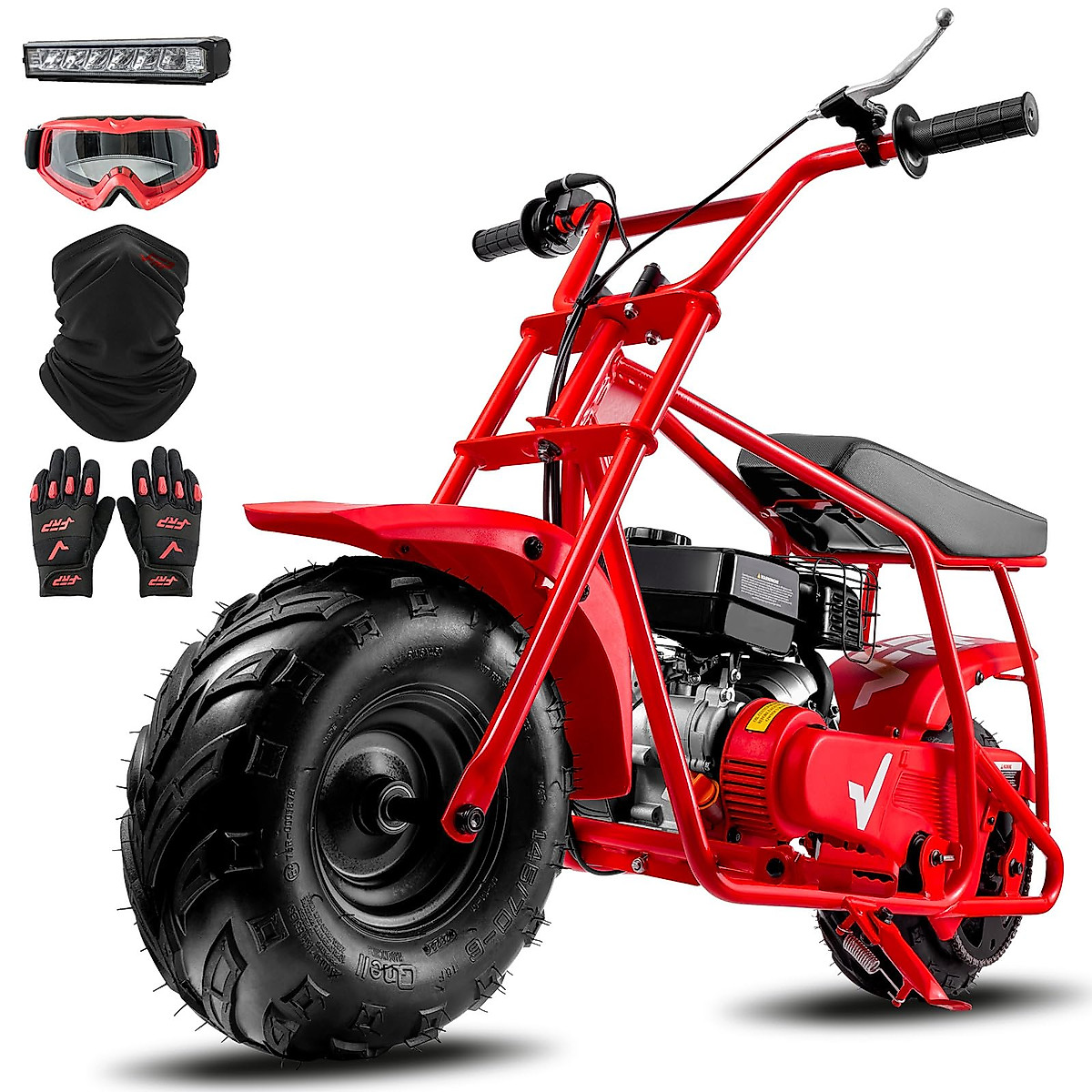 FRP GMB100 Mini Bike, 99CC 4-Stroke Mini Bikes for Adults, Off-Road Motorcycle W/LED Headlight, Goggles, Gloves and Neck Gaiter Up to 28 Mph, Weight Support Up to 220 LBS（Red）