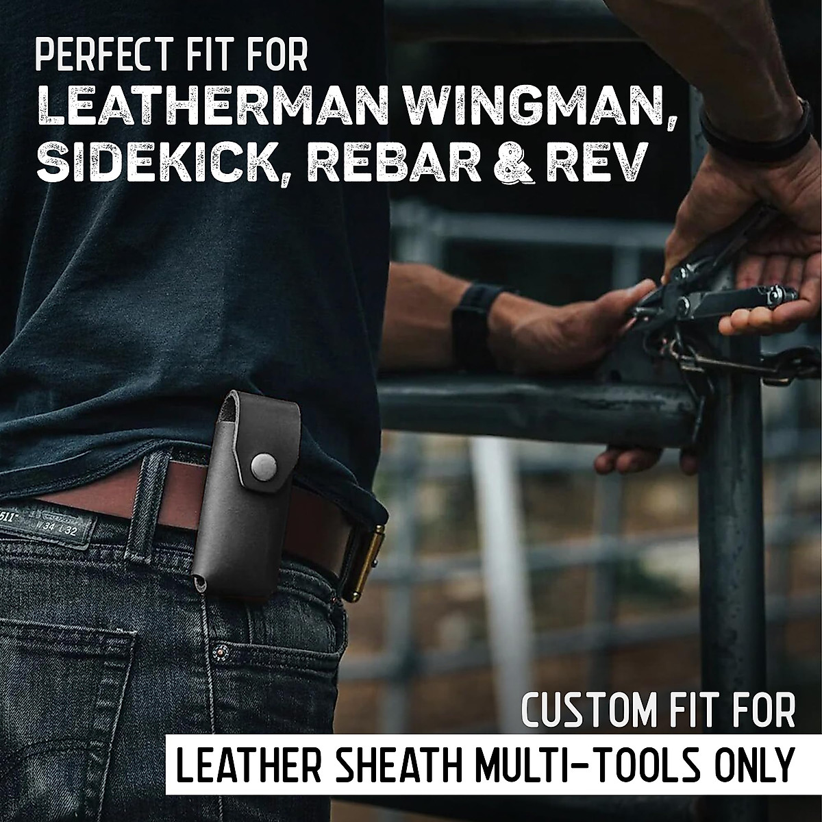 American Bench Craft Leather Multitool Sheath fits Leatherman Wingman, Sidekick, Reber, Rev, Fuse | Riveted Leatherman Case for Belt | Premium Full Grain Leather Sheath/Holster with Brass Snap - Black