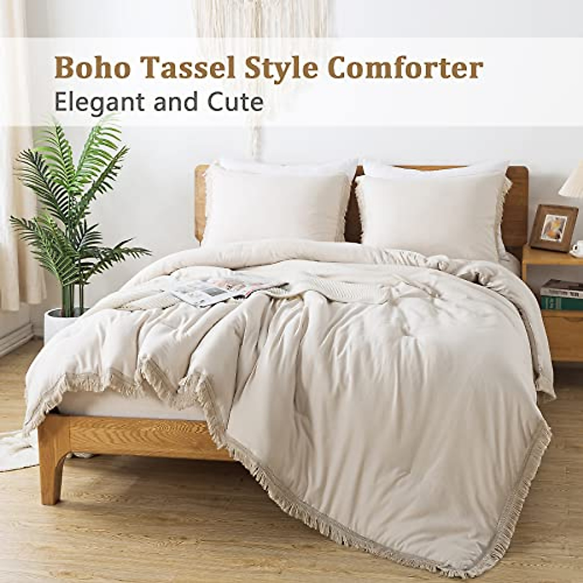 Andency Beige Comforter Set California King, Boho Tassel Lightweight Bedding Comforter Sets, 3 Pieces All Season Soft Fluffy Fringe Bed Set (104x96In Comforter & 2 Pillowcases)
