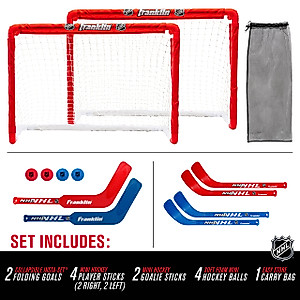 Franklin Sports NHL Kids Mini Hockey Goal Set - (2) Mini + Knee Hockey Goals, (4) Youth Sticks, (2) Goalie Sticks + (4) Foam Balls - Knee + Mini Hockey Set