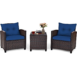 DORTALA 3 Pieces Patio Furniture Set, Outdoor Wicker Rattan Conversation Sofa Set with Cushion, Tempered Glass Top Table for Backyard Porch Garden Poolside Balcony, Navy