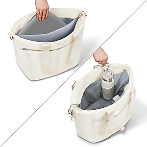 LYAUK Tote Bag with Women, Puffer Tote Bag with Laptop Compartment, Laptop Tote Bag for Women with Zipper, Large Tote Bag Purse Shoulder Bag for Travel Work Gym Overnights Weekend Trips, Beige