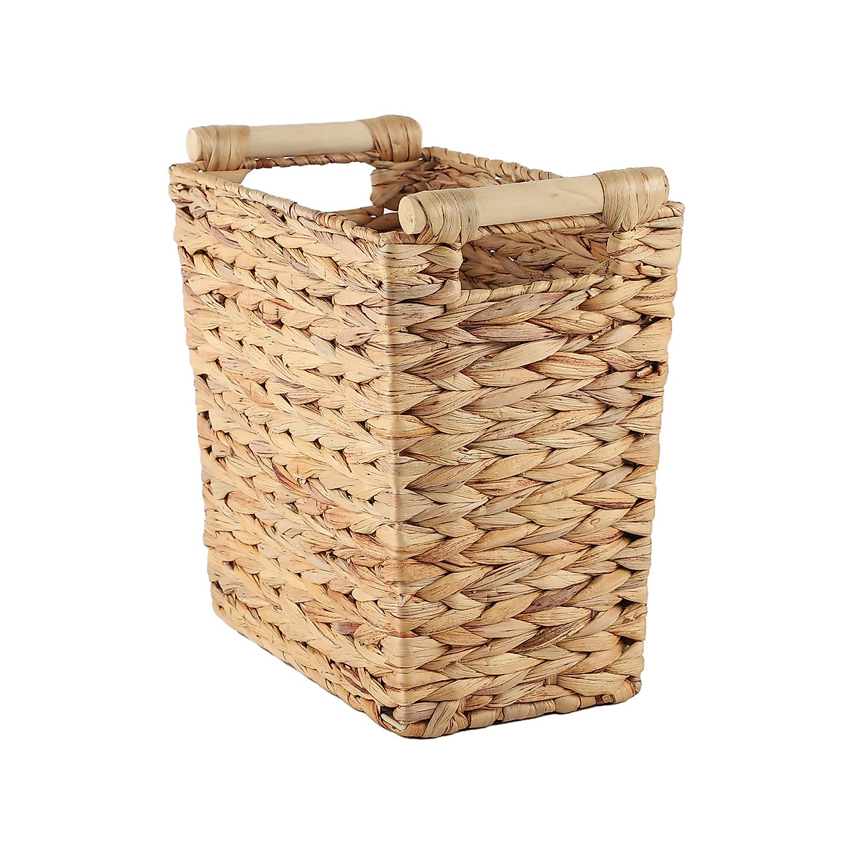 KINGWILLOW Wicker Waste Basket with Wood Handles, Woven Water Hyacinth Trash Can for Sundries Bedroom Bathroom Office