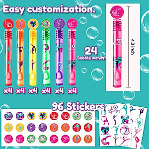24PCS Gymnastics DIY Bubble Wands Party Favors 96PCS Stickers for Goodie Bag Fillers Pinata Stuffers, Mini Bubble Bulk Birthday Party Supplies Toys Gifts Class Prizes for Toddlers Boys Girls