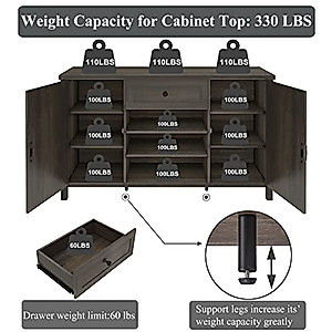 FATORRI Industrial Coffee Bar Cabinet with Wine Rack, Wood Buffet and Sideboard with Storage Cabinet, Rustic Credenza Cupboard for Kitchen Dining Room (55.12 Inch, Walnut Brown)