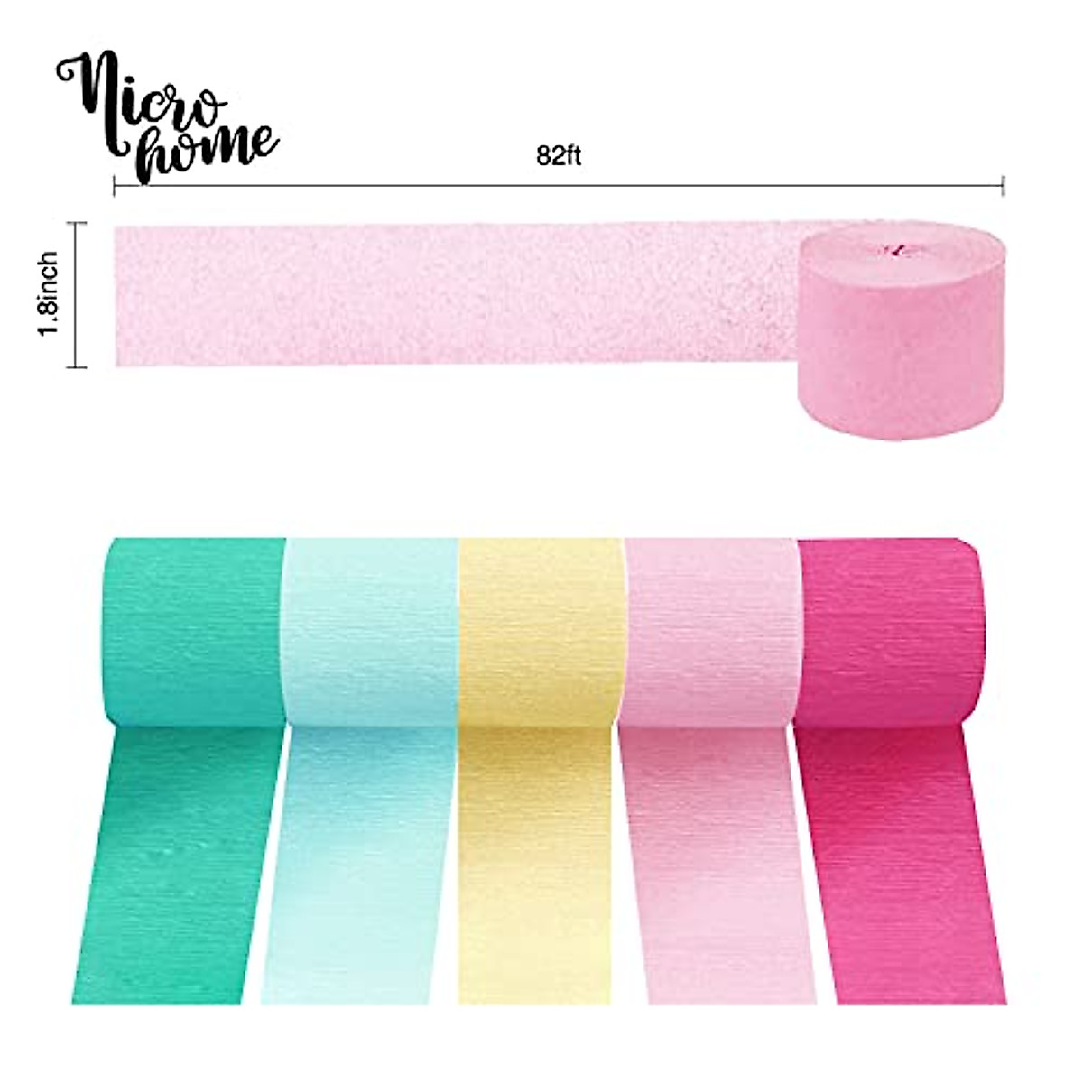 NICROHOME Unicorn Party Decorations, 5 Rolls Light Blue Green Pink Rose Red Crepe Paper Streamers for Wedding, Baby Bridal Shower, Bachelorette Party, Birthday, 82Ft Long