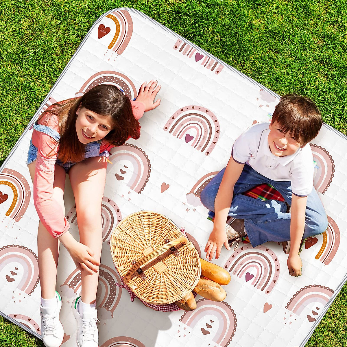 Boho Rainbow Portable Baby Play Mat, 43 x 43 Inch Washable Foldable Crawling Mat, Non Slip Playmat for Babies, Kids Play Mats Pad for Floor Playpen Toddler Infants Tummy Time Activity