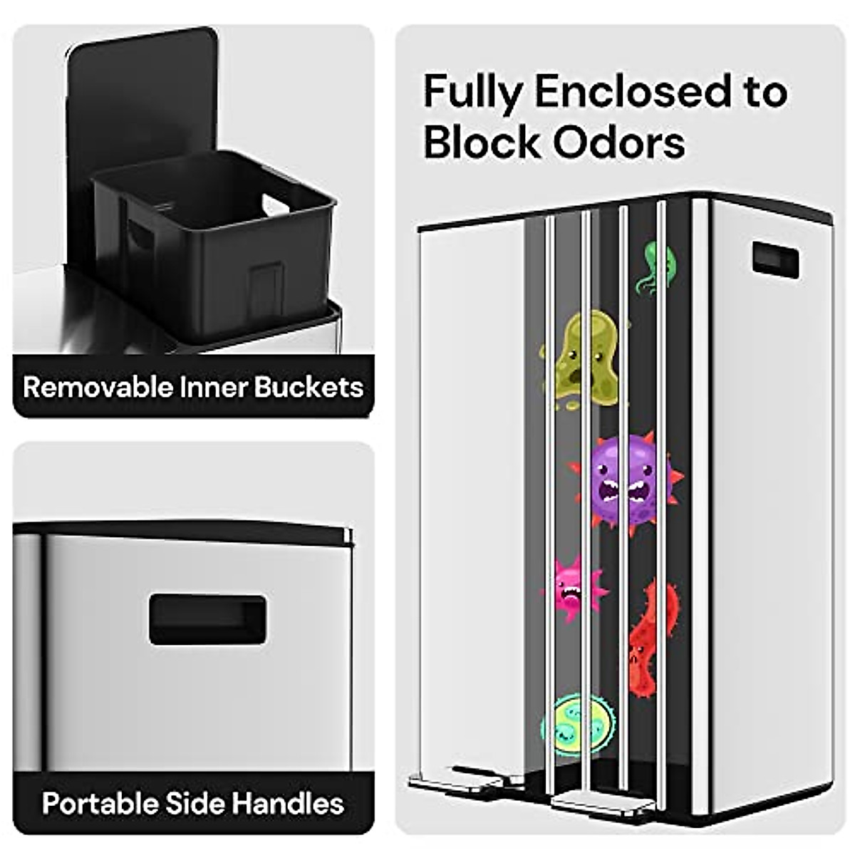 SunsGrove Kitchen Trash Can 16 Gallon, Dual Garbage Bin Recycle Combo, in-Home Recycling Bin with Dual Compartments, Slim Stainless Steel, 60L Trash Bin for Kitchen/Office, Silver