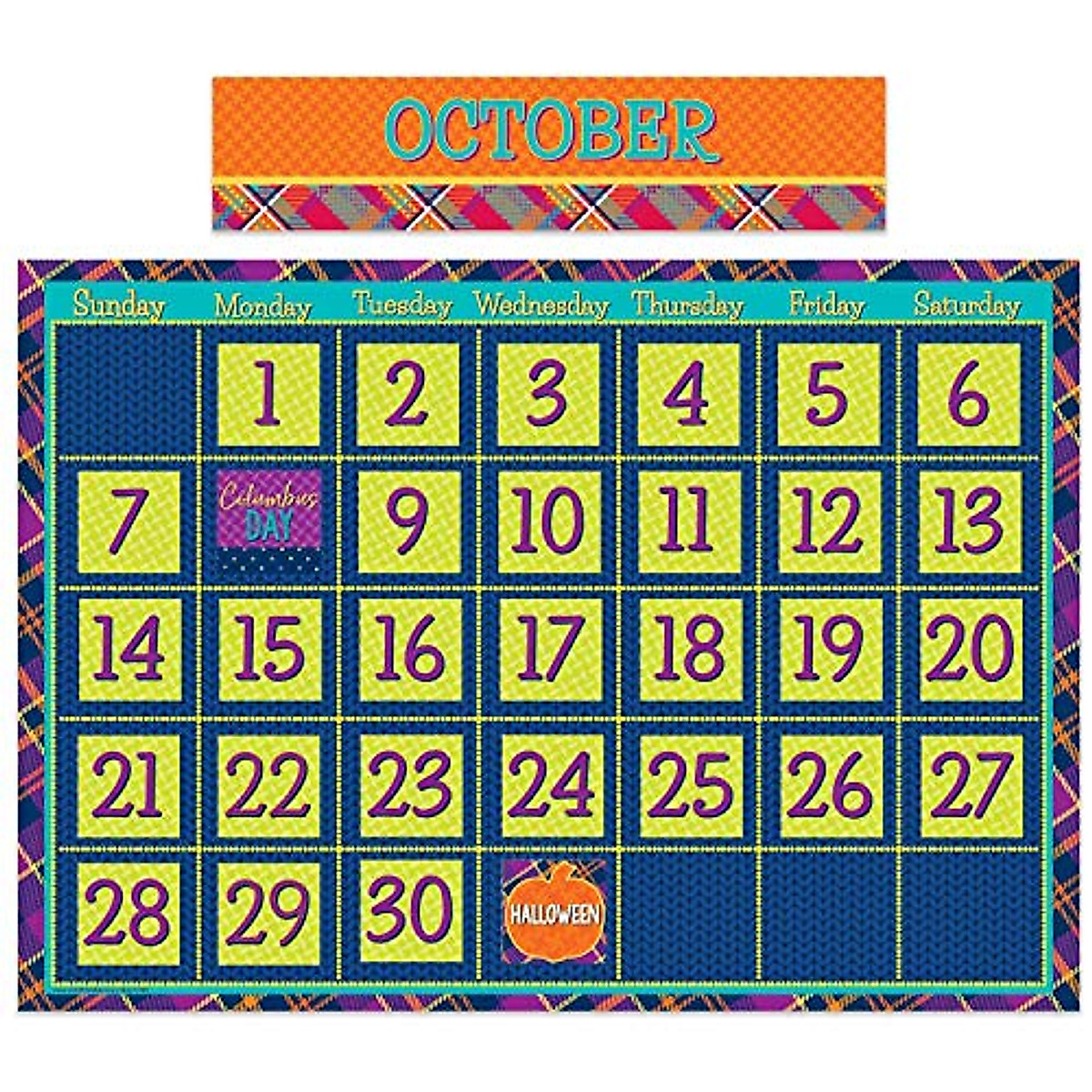 Eureka Multicolor Plaid Calendar Bulletin Board Classroom Decoration Set, 83pcs