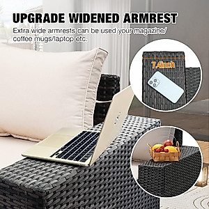 JOYURE 5 Pieces Patio Furniture Set All-Weather Outdoor Wicker Sectional Conversation Sofa Rattan Patio Seating Sofa with Cushion and Glass Table and Ottoman for Porch,Beige