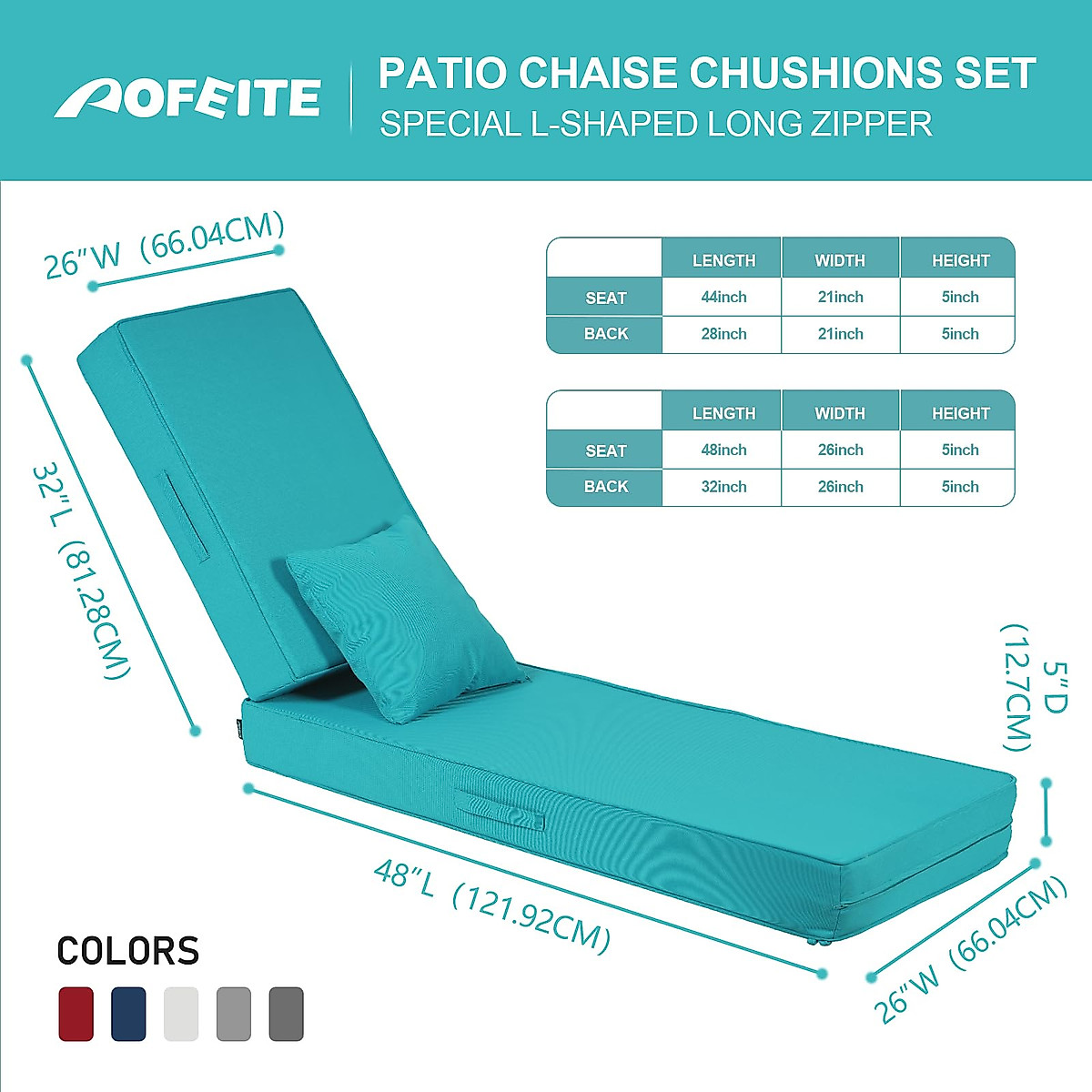 AOFEITE Outdoor Water-Resistant Olefin Chaise Lounge Cushions with Pillow, Weather and Fade Resistant Patio Furniture Lounge Chair Cushion Ideal for Patio, Lawn, Garden, Turquoise, 80"L x 26"W x 5"T