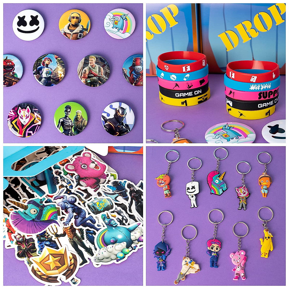 Game Party Supplies for Kids, 100 Pcs Party Favors - Bracelet, Gift Box, Button Pins, Key Chain, Stickers, Finger Light for Kids Themed Party