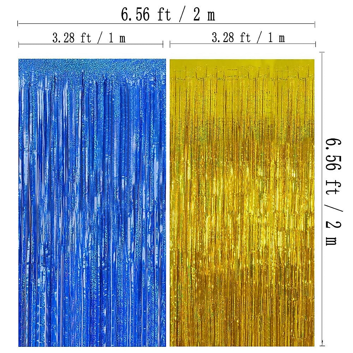MORANTI 3.28 ft x 6.56 ft Sparkle Metallic Tinsel Foil Fringe Curtains for Party Photo Backdrop Graduation Anniversary Party Decorations (Shiny Blue Gold，2 Pieces)