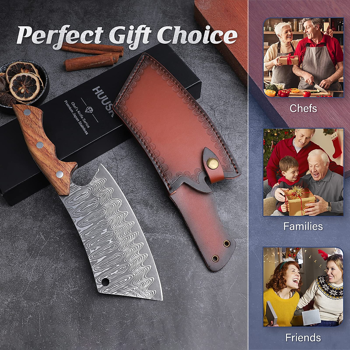 Huusk Japan Knife, Hand Forged Meat Cleaver Knife Japanese Kitchen Knife with Sheath Cooking Butcher Knife for Meat Cutting Vegetable Cleaver for Kitchen, Camping Thanksgiving Christmas Gifts