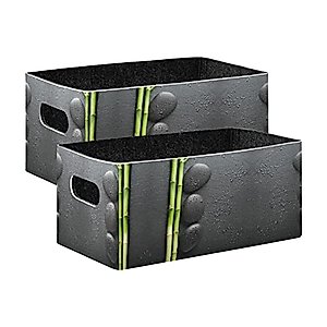 Poeticcity Black Zen Basalt Stones with Dew Green Bamboo on Dark 2 PCs Collapsible Felt Cloth Storage Box, Rectangular Desk Organizer Basket Bin, Detachable Laundry Hamper Counter Holder Box