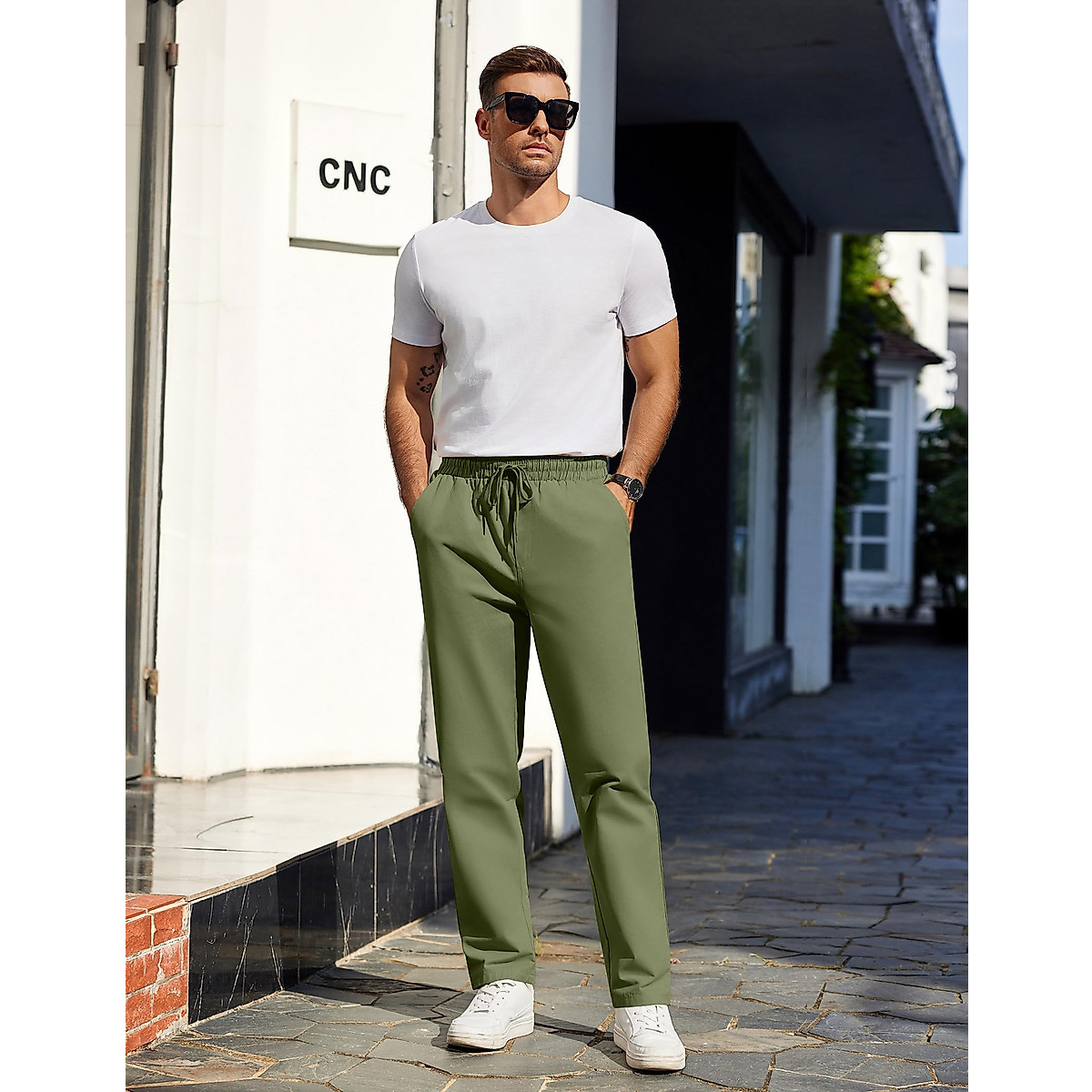 COOFANDY Men's Cargo Pants Regular Fit Elastic Waist Cotton Trousers Basic Drawstring Casual Pants Dark Green