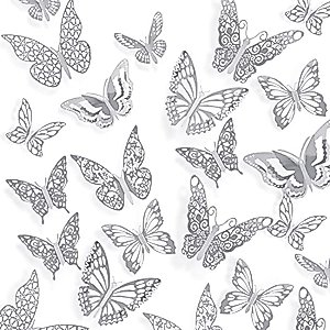 Vuzvuv 60Pcs 3D Silver Butterfly Wall Stickers 3 Sizes 5 Styles Butterfly Party Decorations Cake Decorations Wall Decor Room Kids Bedroom Nursery Classroom Wedding Decor Birthday Decor Paper Butterflies