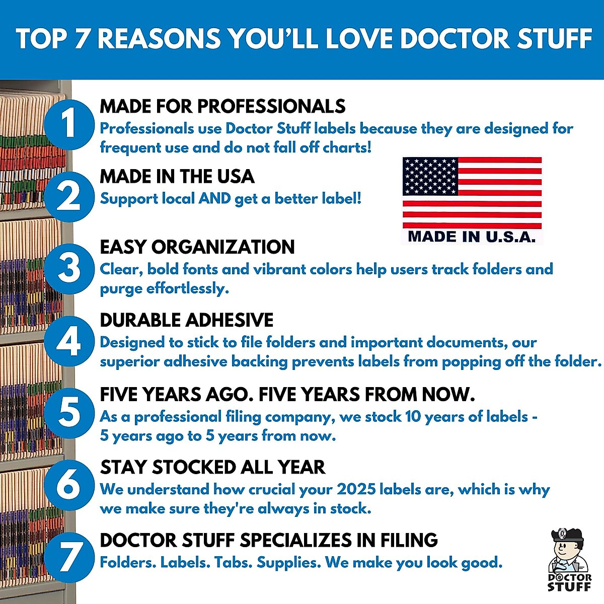 2024 Year Labels, Doctor Stuff 2024 Chart Stickers, Blue/Black Color Coded, Barkley FYCPM Style, USA Made Year Stickers for End Tab File Folders, 500/Roll, 1 Roll, 3/4" x 1-1/2"