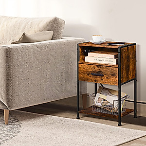 EOYUTLLY Nightstand with Charging Station,End Table with USB Ports & Power Outlets, Night Stands with Storage Drawer for Bedroom Living Room (Rustic Brown Set of 2)