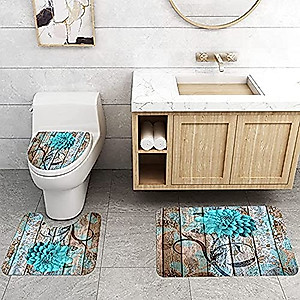 RYSSH 4Pcs Farmhouse Rustic Teal Floral Flower Shower Curtain Sets with Non-Slip Rugs, Toilet Lid Cover and Bath Mat for Bathroom…