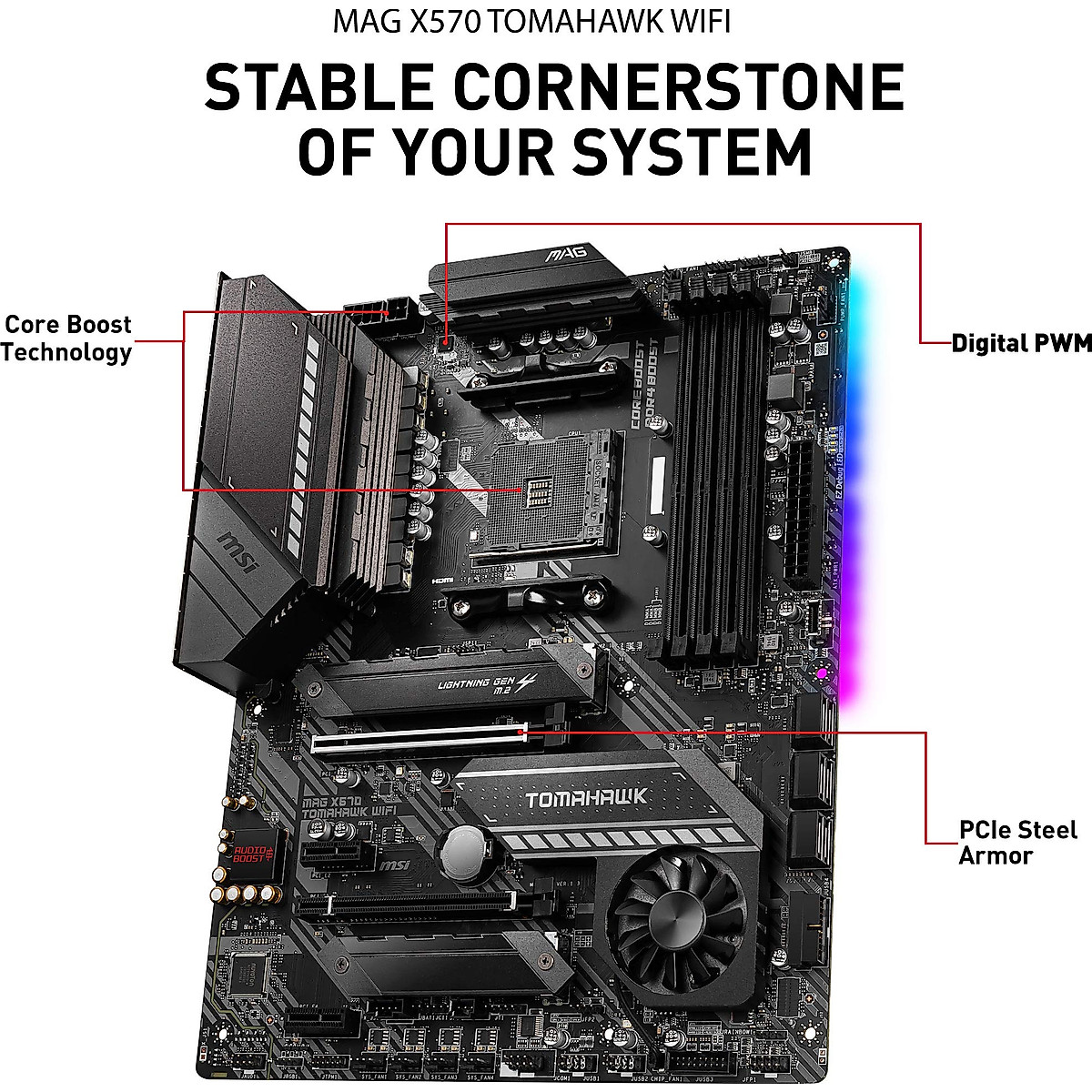 MSI MAG X570 TOMAHAWK WIFI Motherboard (AMD AM4, DDR4, PCIe 4.0, SATA 6Gb/s, M.2, USB 3.2 Gen 2, AC Wi-Fi 6, HDMI, ATX)