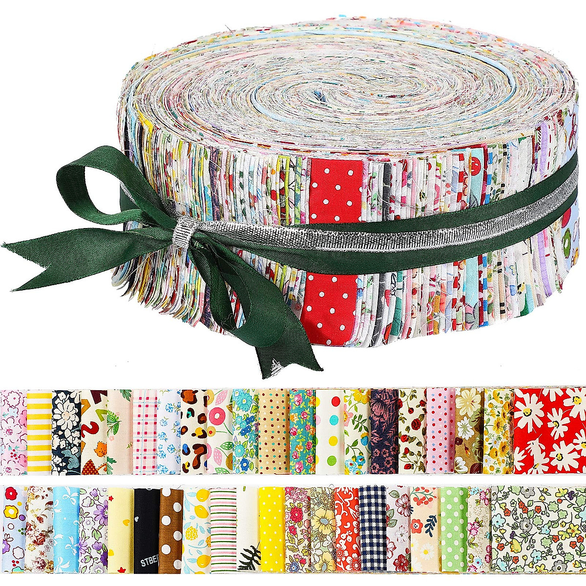 100 Pieces Cotton Fabric Roll 2.6 Inch Roll up Cotton Fabric Quilting Strips Floral Printed Cotton Craft Fabric Bundle Flower Precut Patchwork Cotton Square with Assorted Patterns for DIY Crafts