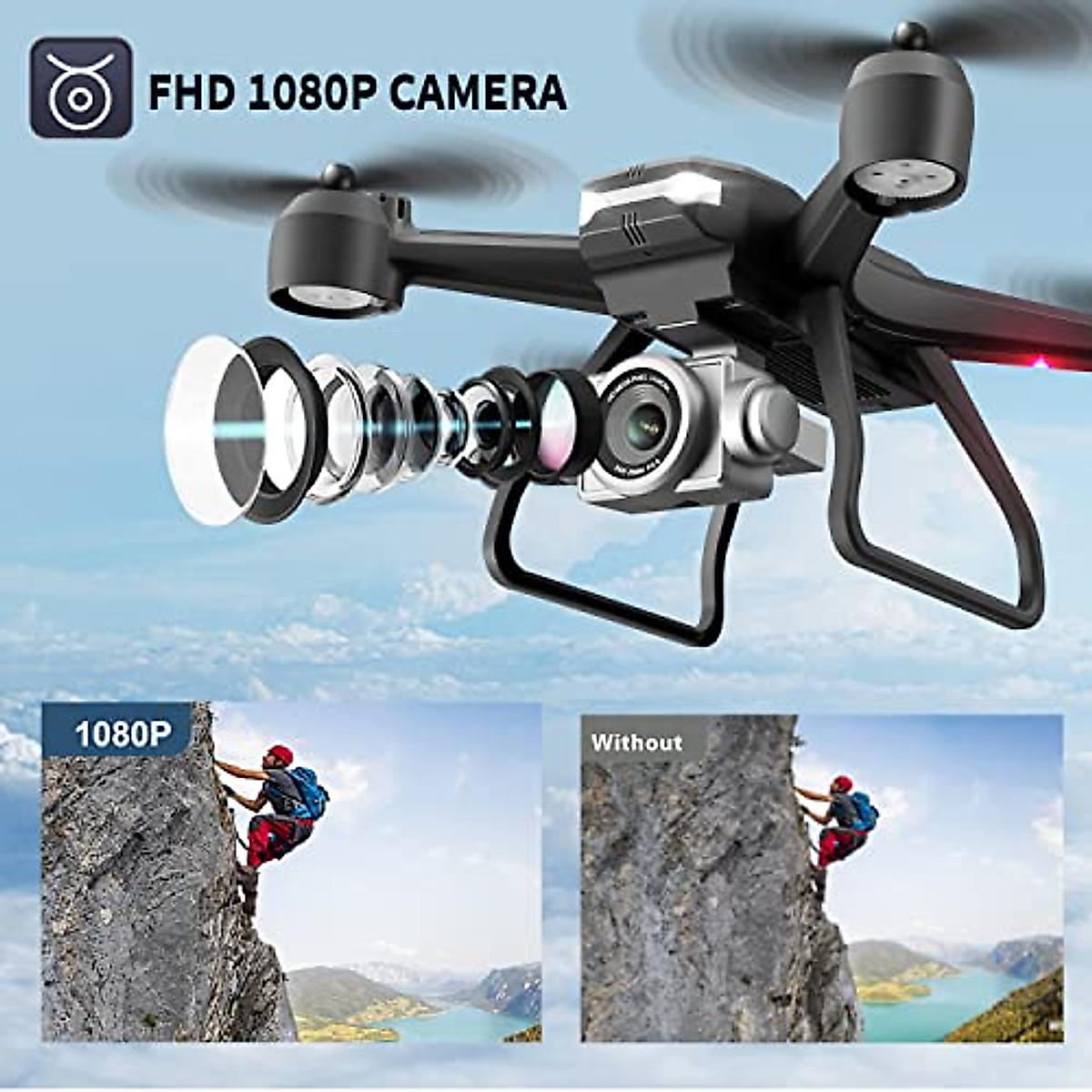 DRONEEYE 4DV14 Drone with Camera for Adults 1080P,FPV HD Live Video RC Quadcopter for Kids Beginners Toys,Altitude Hold,Gravity Sensor,Trajectory Flight,3D Flip,Gesture Control, Voice Control,2 Batterys