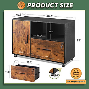 DEVAISE Office File Cabinet with Lock, 1-Drawer Wood Lateral Filing Cabinet on Wheels, Printer Stand with Open Storage Shelves for Home Office, Rustic Brown