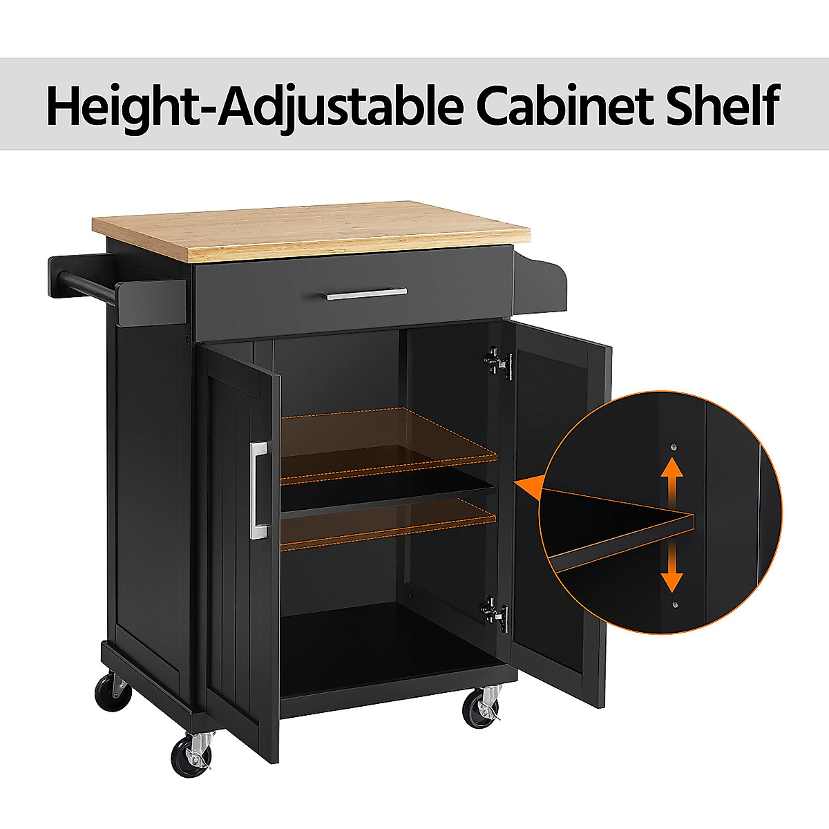 Topeakmart Kitchen Island On Wheels with Storage Cabinet and Drawer, Kitchen Trolley Cart with Spice Rack and Towel Bar for Dining Room, 26x18x36 Inches, Black