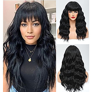 WAVE&BREEZE Black Wigs for Women 18inch Long Wavy Curly Hair Wigs with Bangs Synthetic Replacement Wigs Heat Resistant Fiber Party Costume Wig(18inch Natural Black)