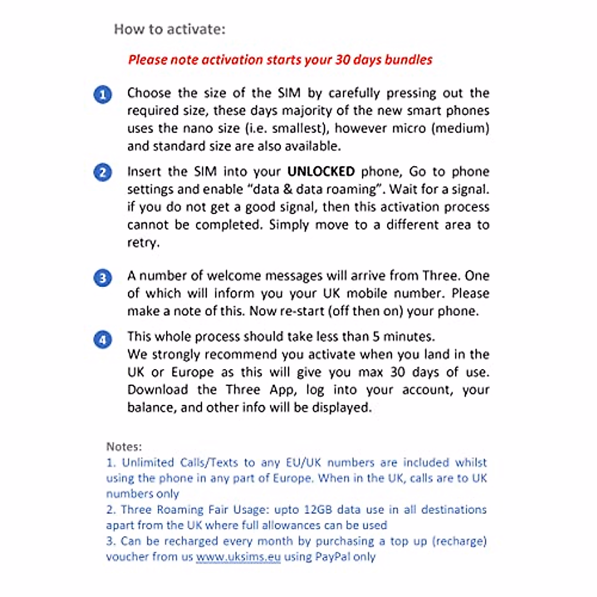 Three UK New PrePaid Europe UK Three SIM Card 25GB Data Un Minutes/Texts for 30 Days with Free Roaming/USE in 71 Destinations Including Europe, South America and