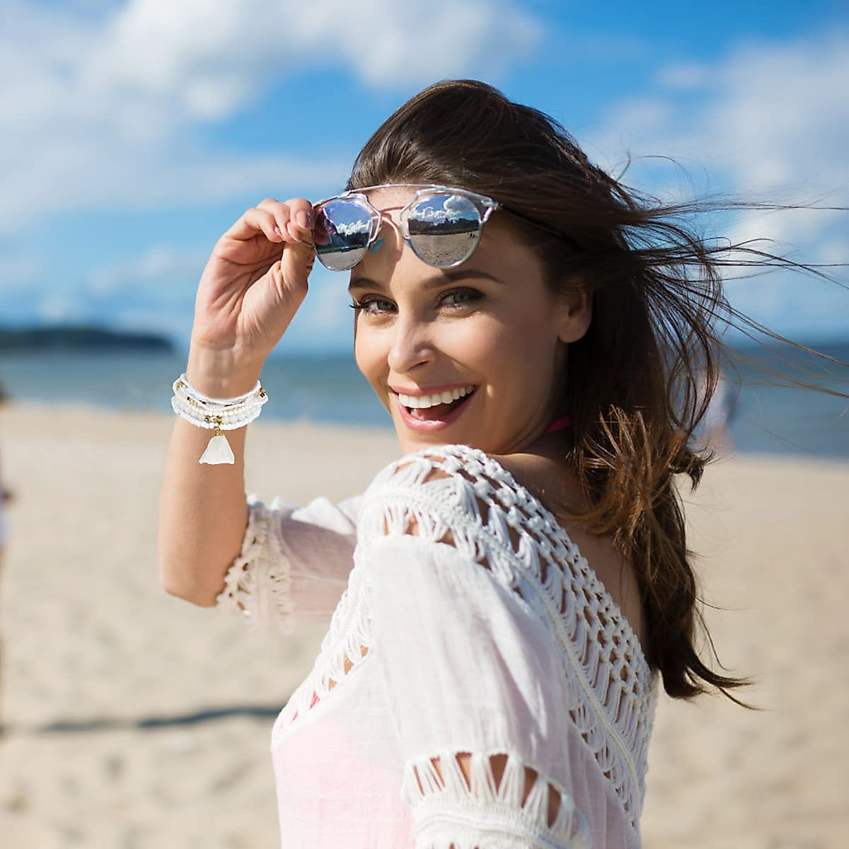 LUREME Bohemian Beads Pearl Tassel Multi Strand Textured Stackable Bangle Bracelet Set-White(bl003054-1)