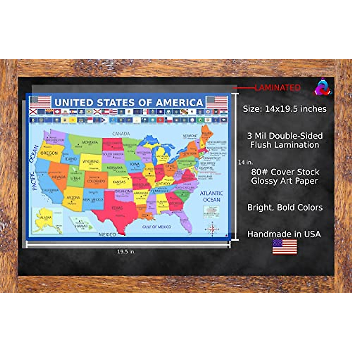 United States Map with State Flags Poster - Laminated 14x19.5 in. - Educational Poster, USA Map for Kids, Elementary Classroom Decorations, and Teacher Supplies