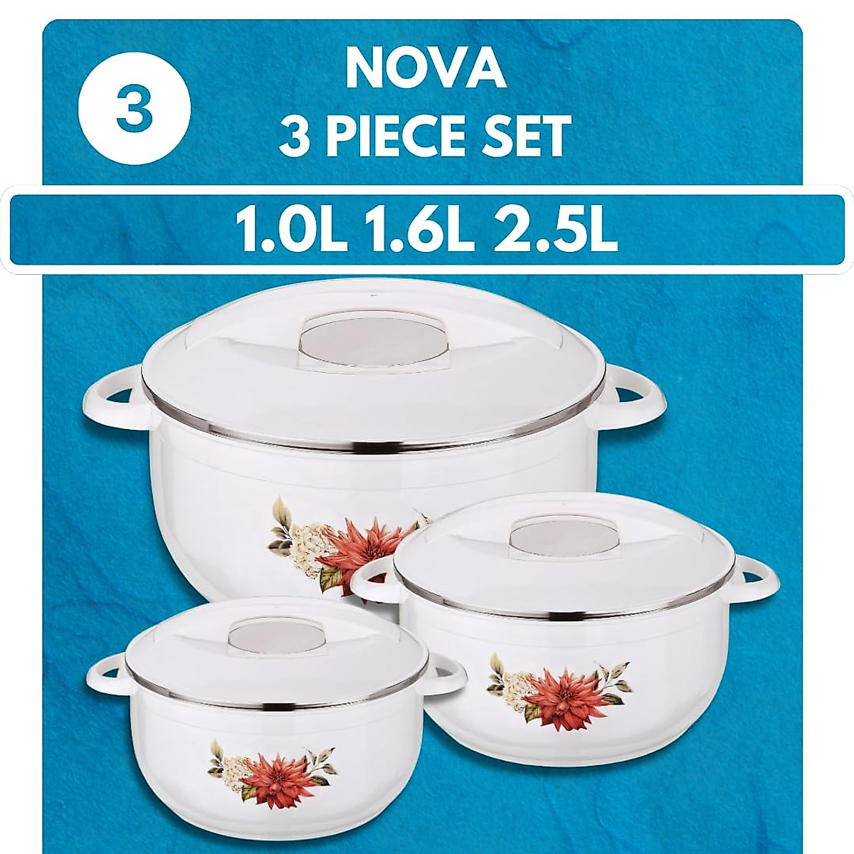 Nova Casserole, Stainless Steel insulated Hot Pot, Elegant Food Warmer Cooler, Thermal Serving Bowl, Keeps Food Warm, Hot & Cold for Long Hours for Hours Set of 3 Pcs (1.0L 1.6L 2.5L) (White)