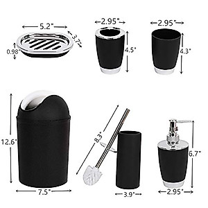 YCOCO Bathroom Accessories Set,6 Pcs Plastic Gift Set Toothbrush Holder,Mouthwash Cup,Soap Dispenser,Soap Dish,Toilet Brush,Trash Can,Black