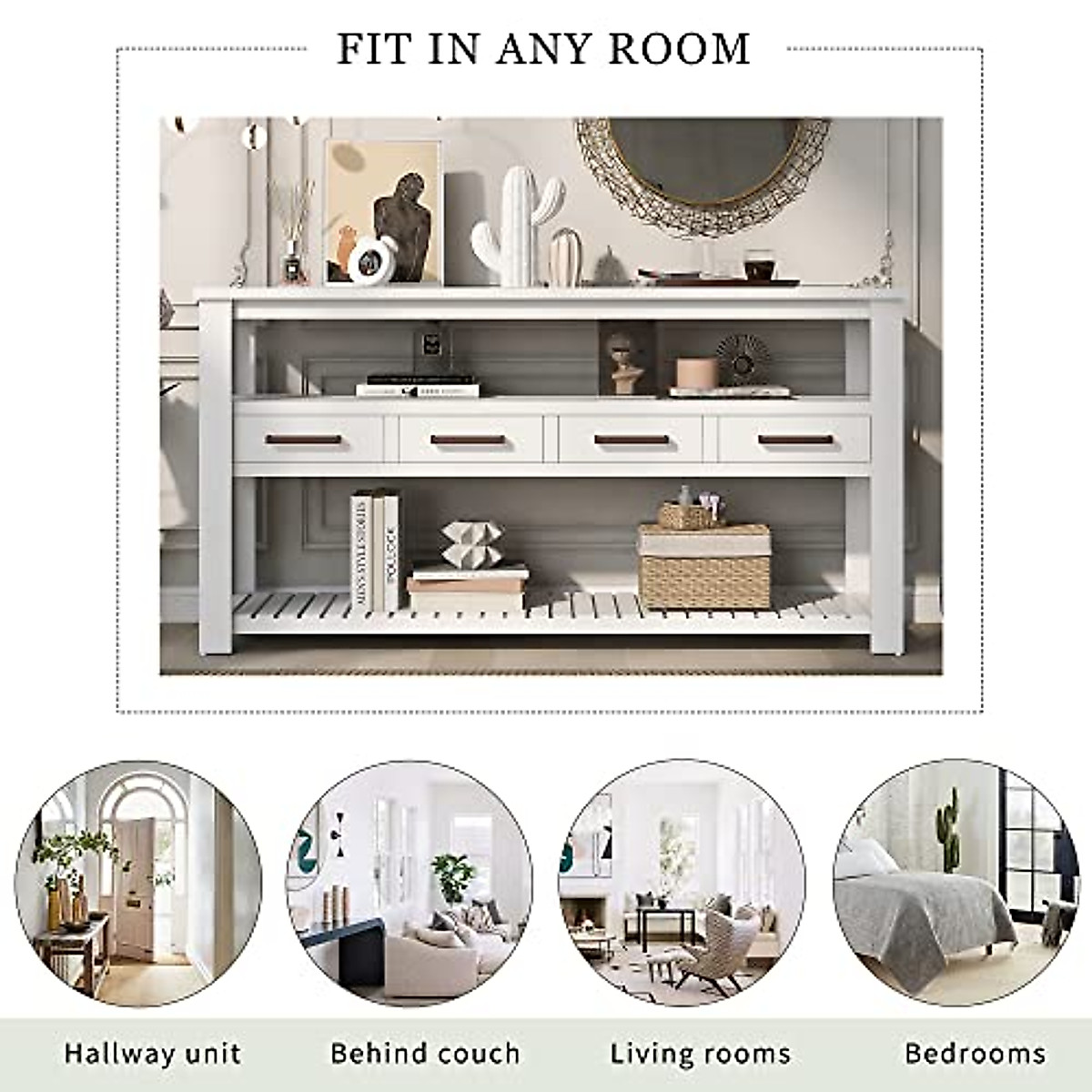 62.2" Solid Wood Console Table,Modern Entryway Sofa Side Table with 4 Drawers and 2 Shelves, Easy to Assemble (White/62.2" M)