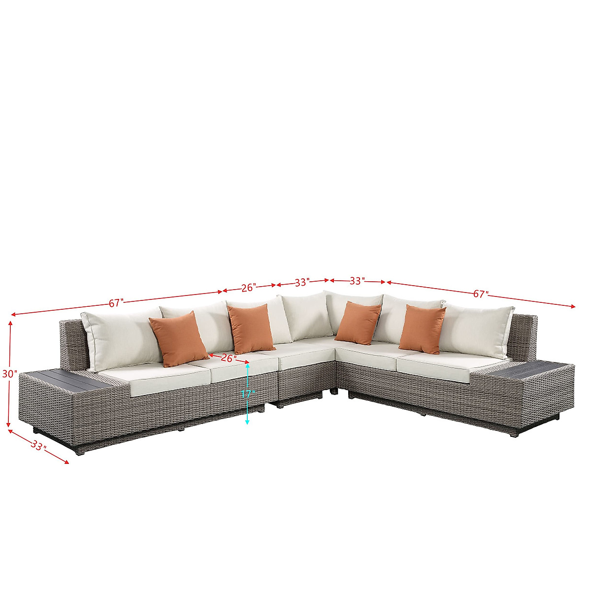 UBGO Outdoor Furniture Set, Sectional, PE Brown Rattan Wicker Sofas,Outside Couch w/Washable Seat Cushions & Modern Glass Wedge Table for Patio, Backyard, Gray