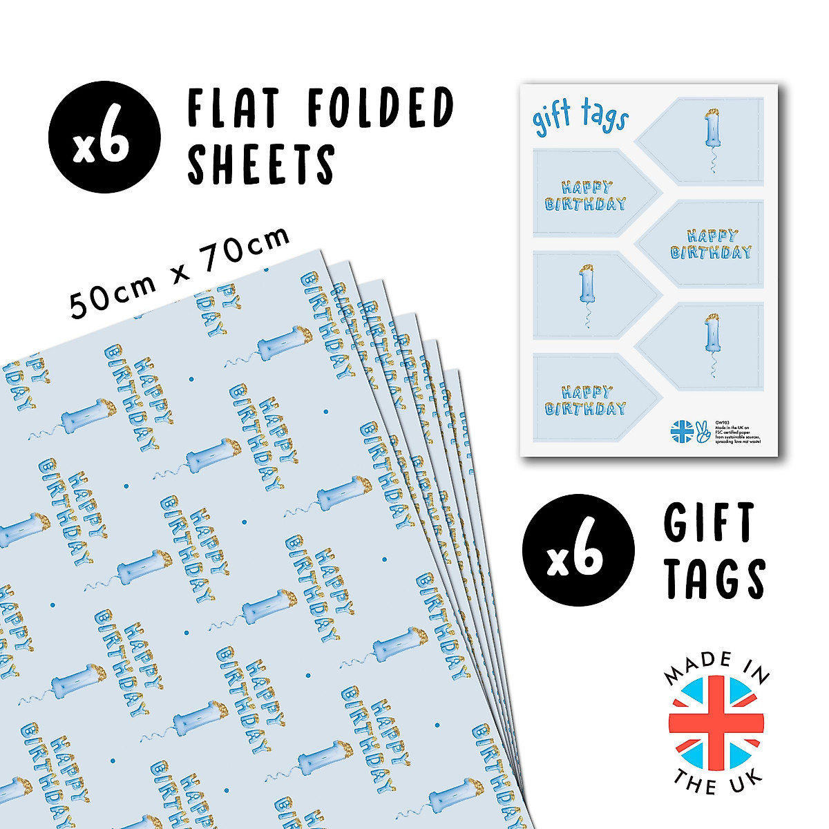 CENTRAL 23 1st Birthday Wrapping Paper Boy - 6 Sheets Blue Wrapping Paper - Happy Birthday Wrapping Paper - Comes With Stickers - Recyclable