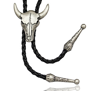 Vintage Silver Tone Q&Q Fashion Western Texas Longhorn Buffalo Steer Cow Skull Leather Rodeo Bolo Tie Necktie