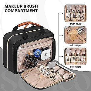 SOVICO Large Travel Toiletry Bag for Women with Extra 4 Travel Bottles, Hanging Toiletry Bag with 360° Rotatable Hook, Travel Bag for Full-Sized Cosmetic Bag with Makeup Brush Compartment-Black