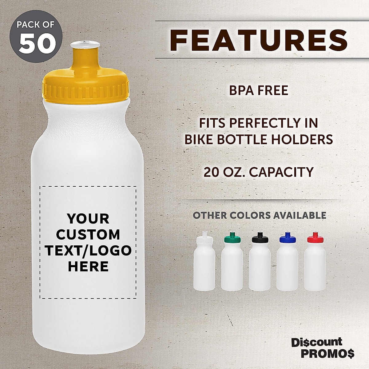 DISCOUNT PROMOS Custom White Water Bottles with Push Cap -50 pack, Customizable Text, Logo, 20 oz, Reusable BPA FREE Squeezable Bottles in Bulk - White Yellow