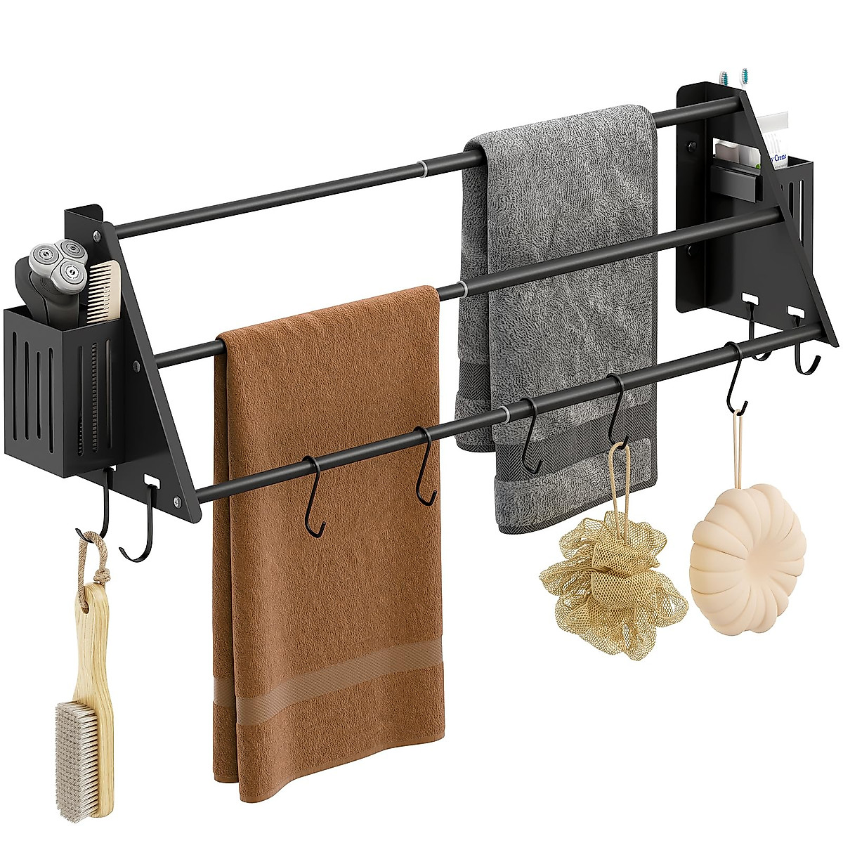 Towel Bar for Bathroom Wall,Stretchable 16.1-29.5 inchs Towel Rack,Metal Towel Holder with 2 Storage Basket and 9 Hooks, Black Towel Hanger for Bathroom Kitchen Camper