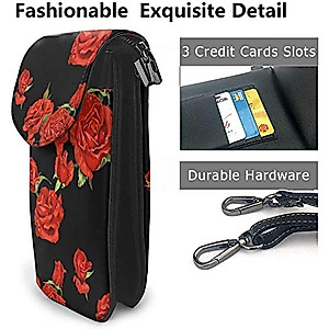 Red Rose Flower Black Women Soft PU Leather Cellphone Purse Wallet Handbag Small Crossbody Shoulder Bag