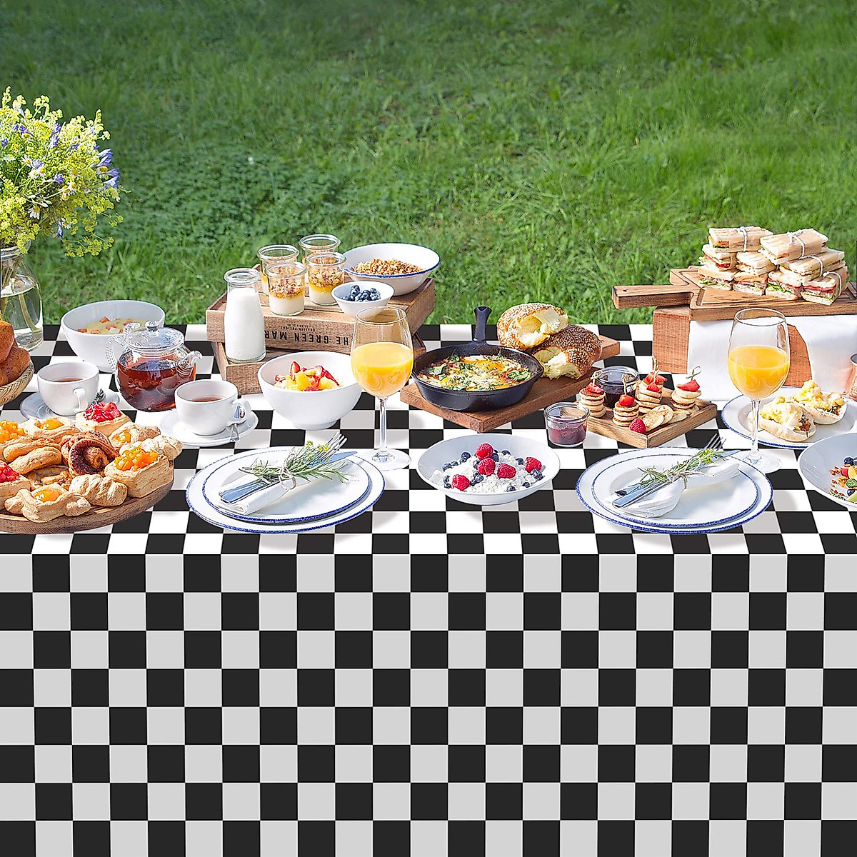 QIKSION 6 Pack Black and White Checkered Tablecloth Black Checkered Flag Tablecloth, Disposable Plastic Gingham Table Cover for Parties, Outdoor Picnic, Race Car Birthday Party(54 × 108 Inch)