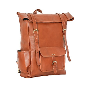 jaald 23" Brown Leather Backpack Vintage Rucksack Laptop Bag Water Resistant Roll Top College Bookbag Comfortable Lightweight Travel Hiking/picnic For Men