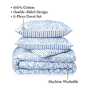 MARTHA STEWART Avery Medallion Duvet Cover Queen Size, 3 Piece Set - 1 Duvet Cover, 2 Pillow Shams, Cotton-Percale, Soft, Reversible, Easy to Wash, All Season, 90x92 Inches With Button Closure, Blue