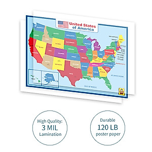 UNCLE WU United State Map Laminated Poster -Double Side Educational Poster For Kids/Adults -18 x 24 inch Waterproof Map For Home Classroom
