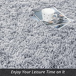 HOMBYS Shaggy Area Rug 8x10 Feet, Ultra Soft Large Plush Faux Fur Carpet, Non-Skid Bedroom Living Room Rug for Kids Playroom Home Decor, Light Grey